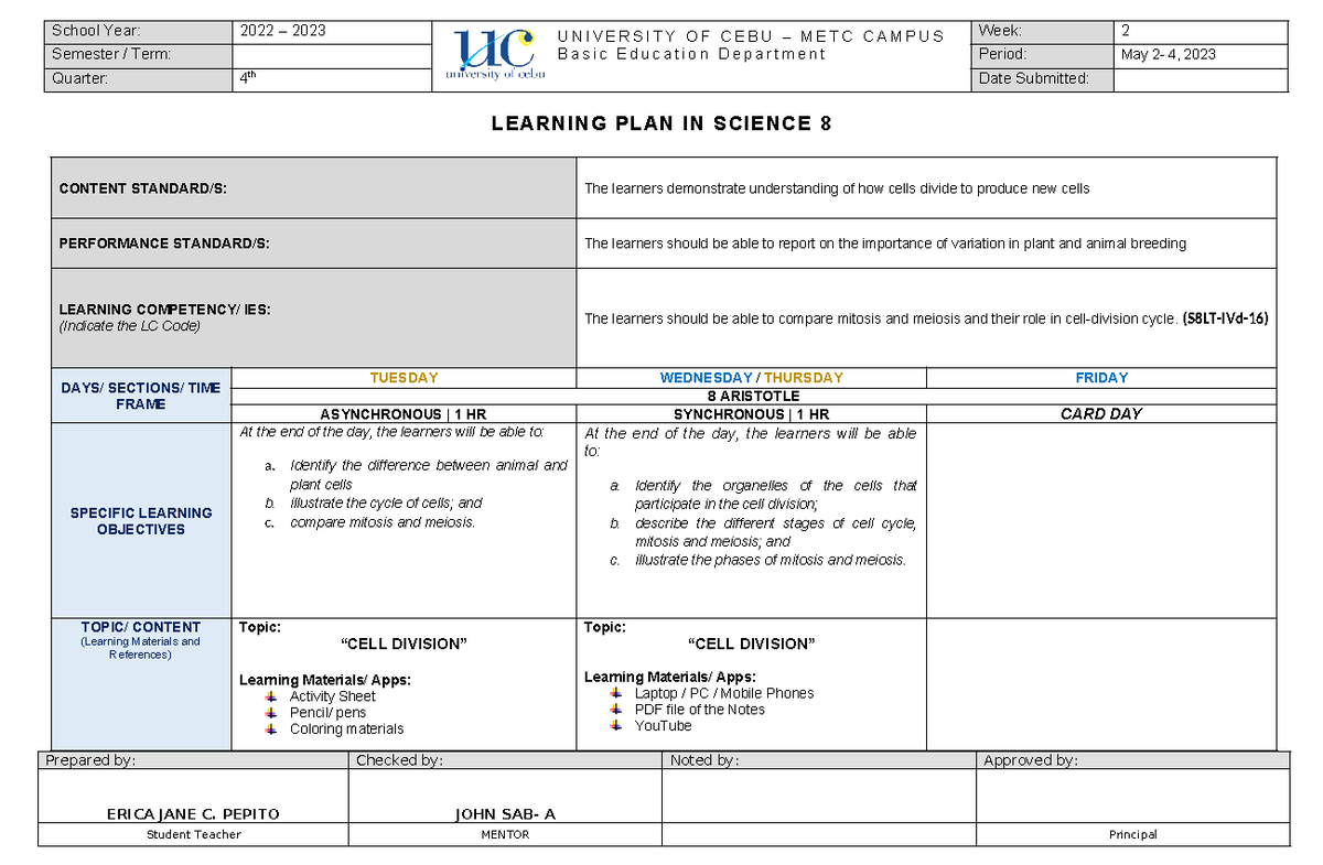 Science 8 Learning Plan: Understanding Cell Division (S8LT-IVd-16 ...
