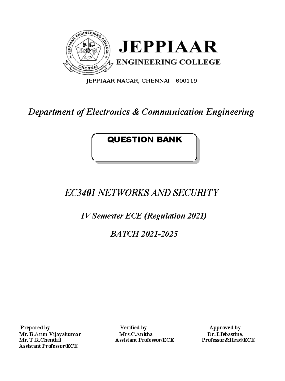 EC3401 Networks and Security Question Bank for IV Semester ECE - Studocu