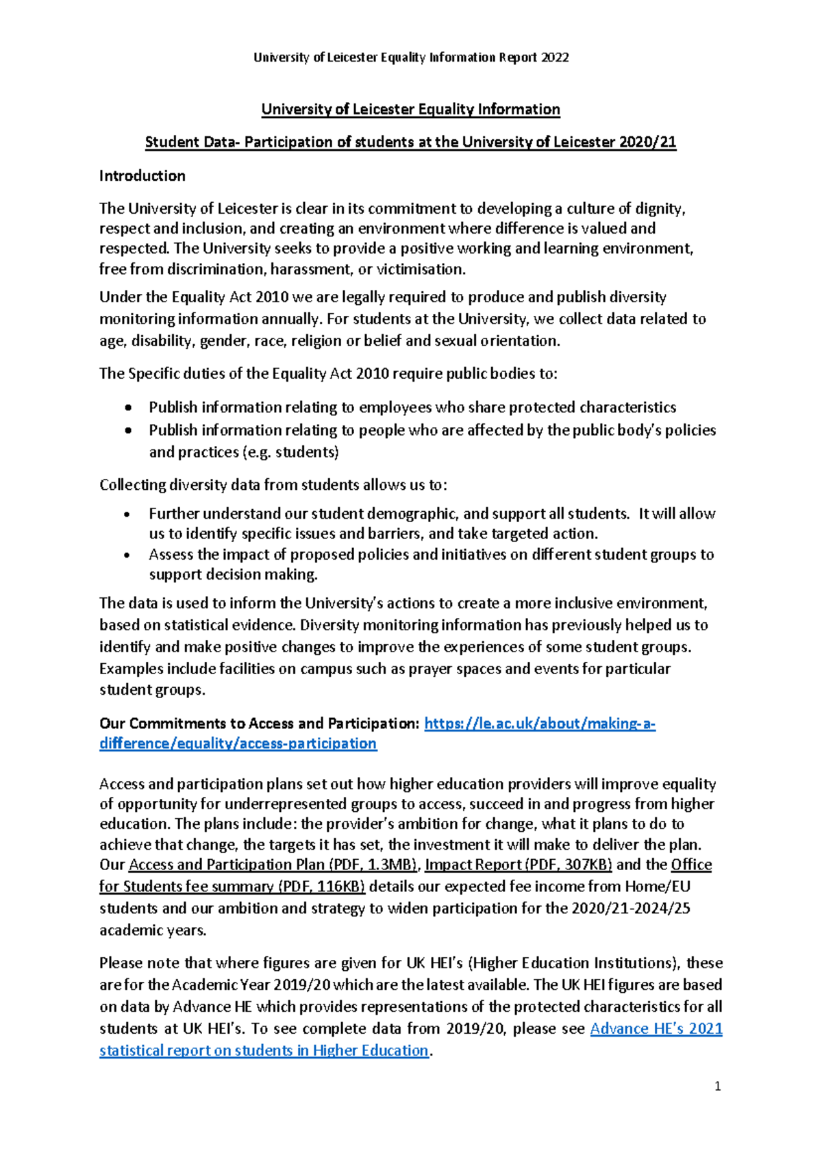 University of Leicester Equality Information Report 2022: Student Data ...
