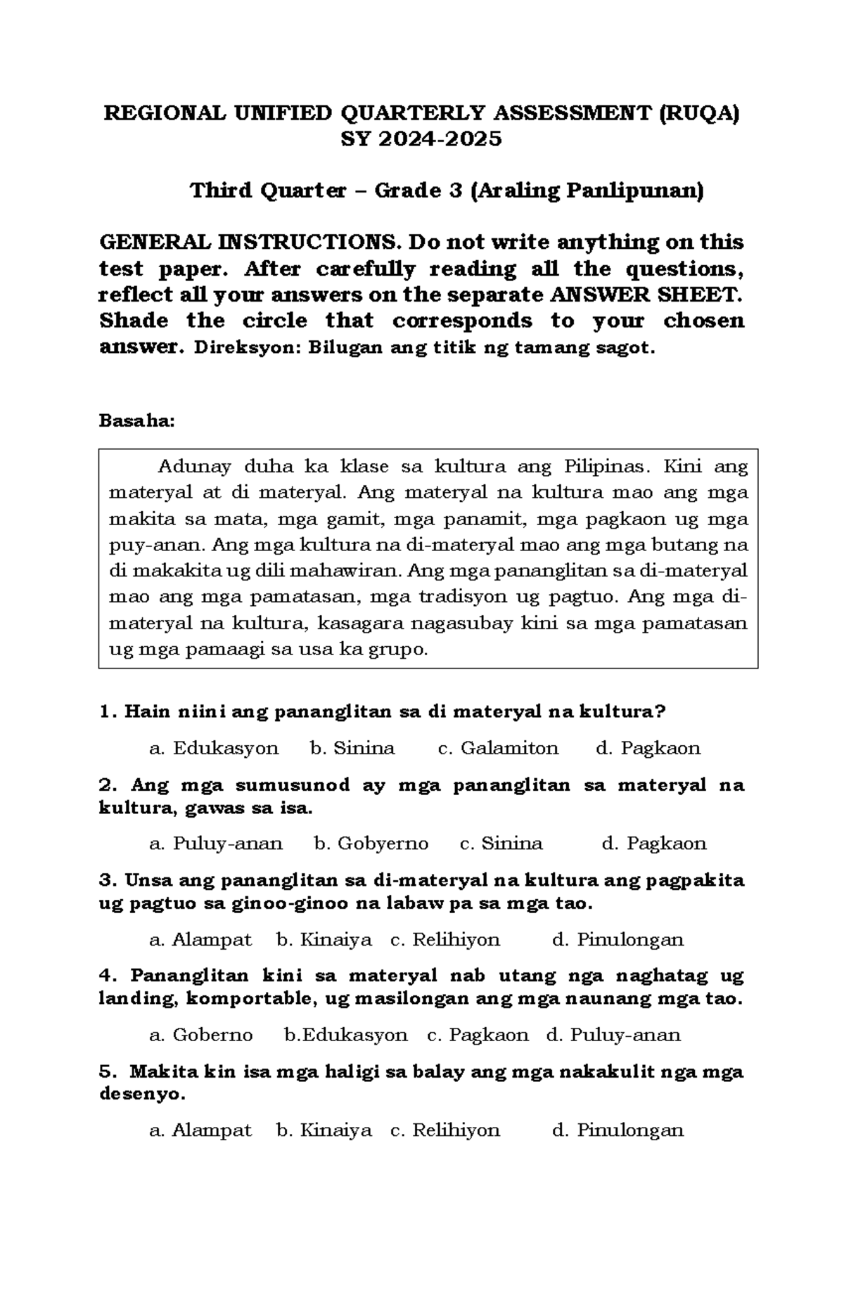 AP G3 Test Questionnaire Q3 - REGIONAL UNIFIED QUARTERLY ASSESSMENT ...