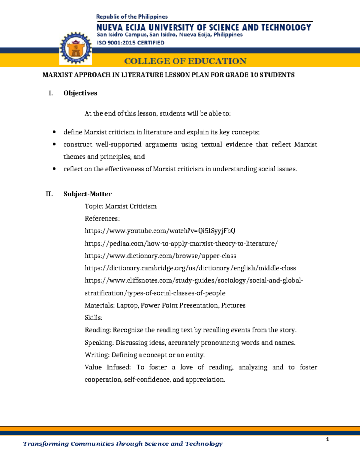 Marxist Literature Critique Lesson Plan for Grade 10 Students - Studocu