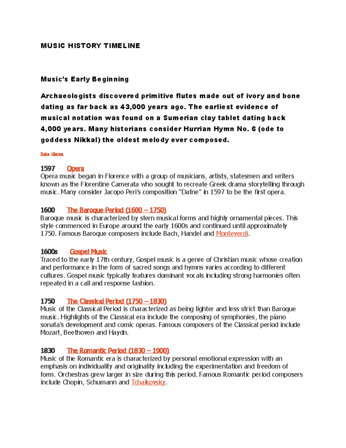 Music History Timeline - MUSIC HISTORY TIMELINE Music’s Early Beginning ...