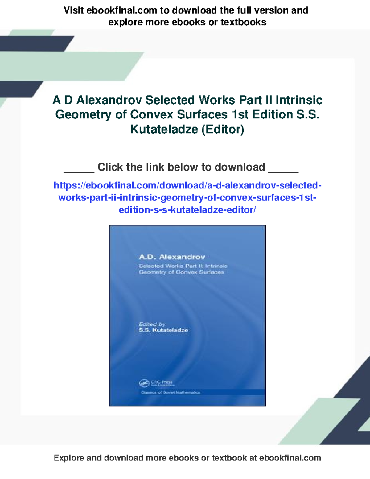 A.D. Alexandrov Selected Works II: Intrinsic Geometry of Convex ...