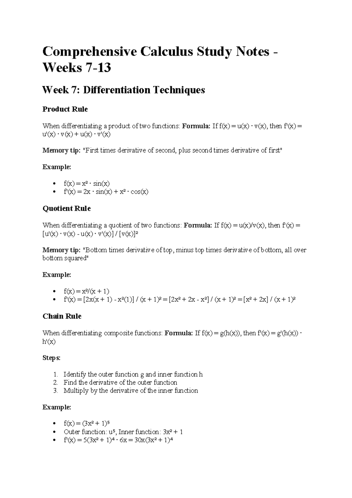 Comprehensive Calculus Study Notes (MATH 101) - Differentiation ...