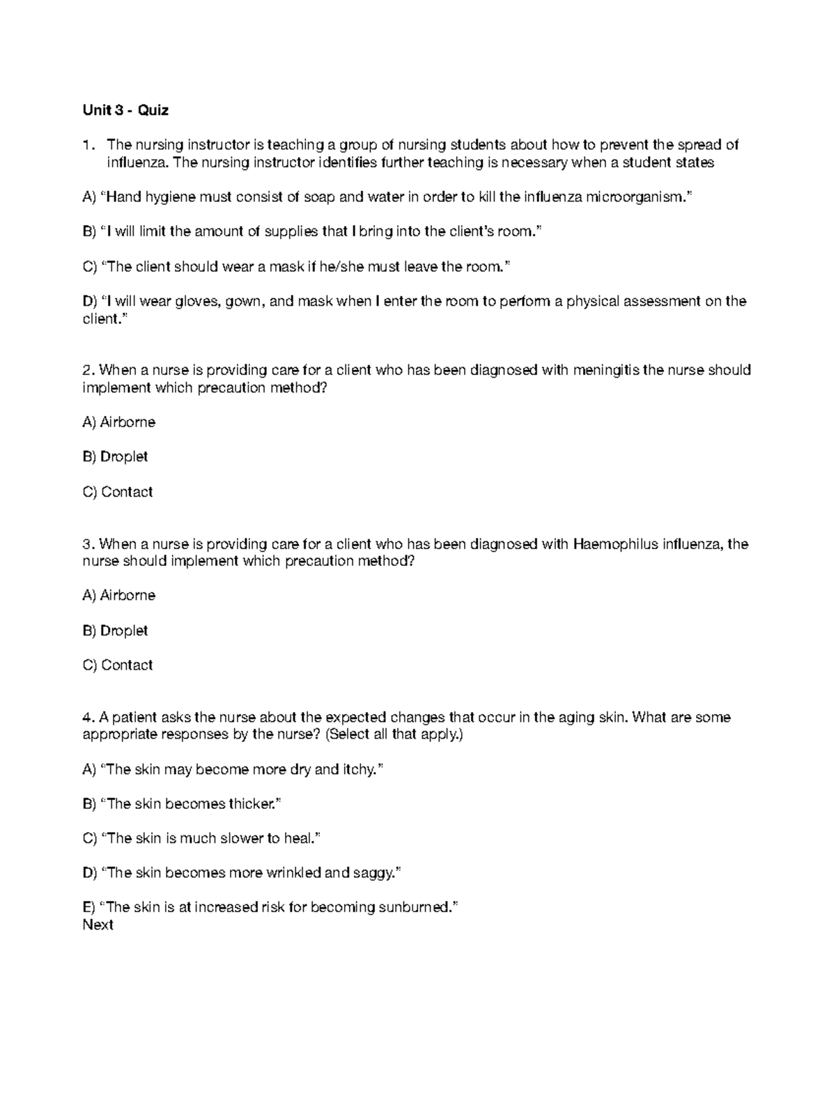 Unit 3 - Med Surg Quiz - Infection Control and Precautions - Studocu