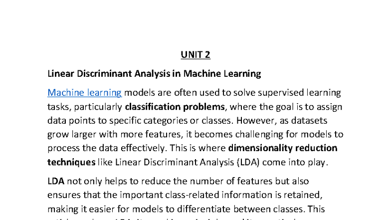 UNIT 2: Linear Discriminant Analysis in Machine Learning (MLDA) - Studocu