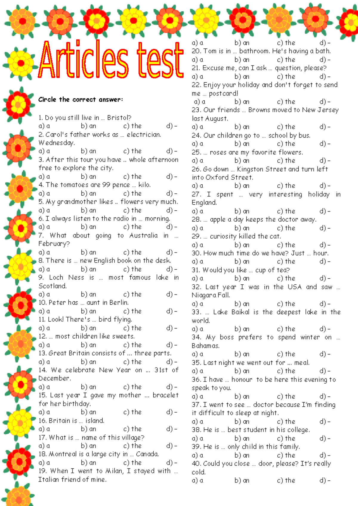Articles (Multiple Choice) Practice Questions - Studocu