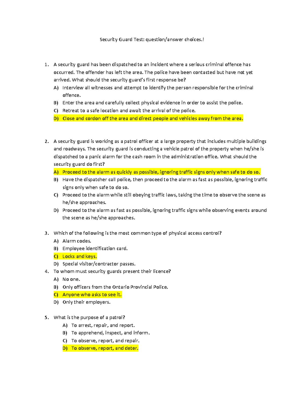 Security Guard Test - Hkdk: Practice Questions and Answers - Studocu