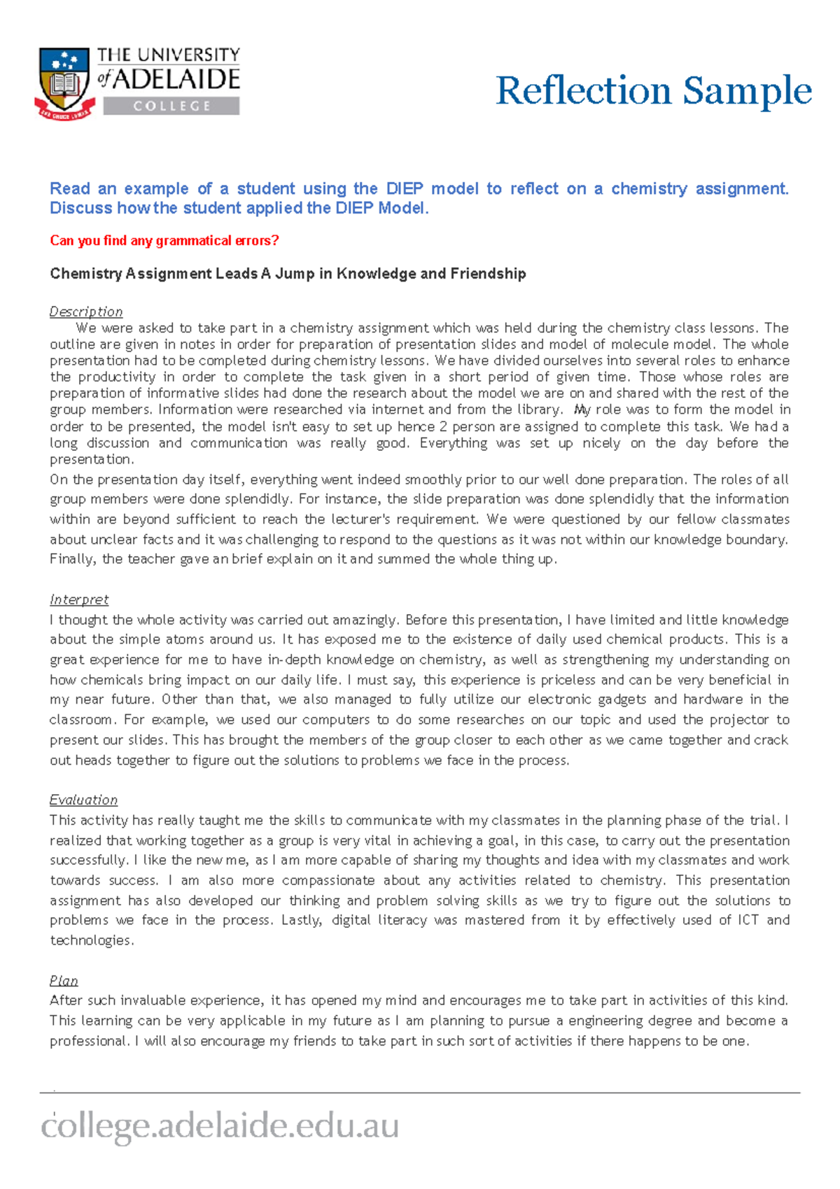 Handout 2 - Reflection Sample-1 - Read an example of a student using ...
