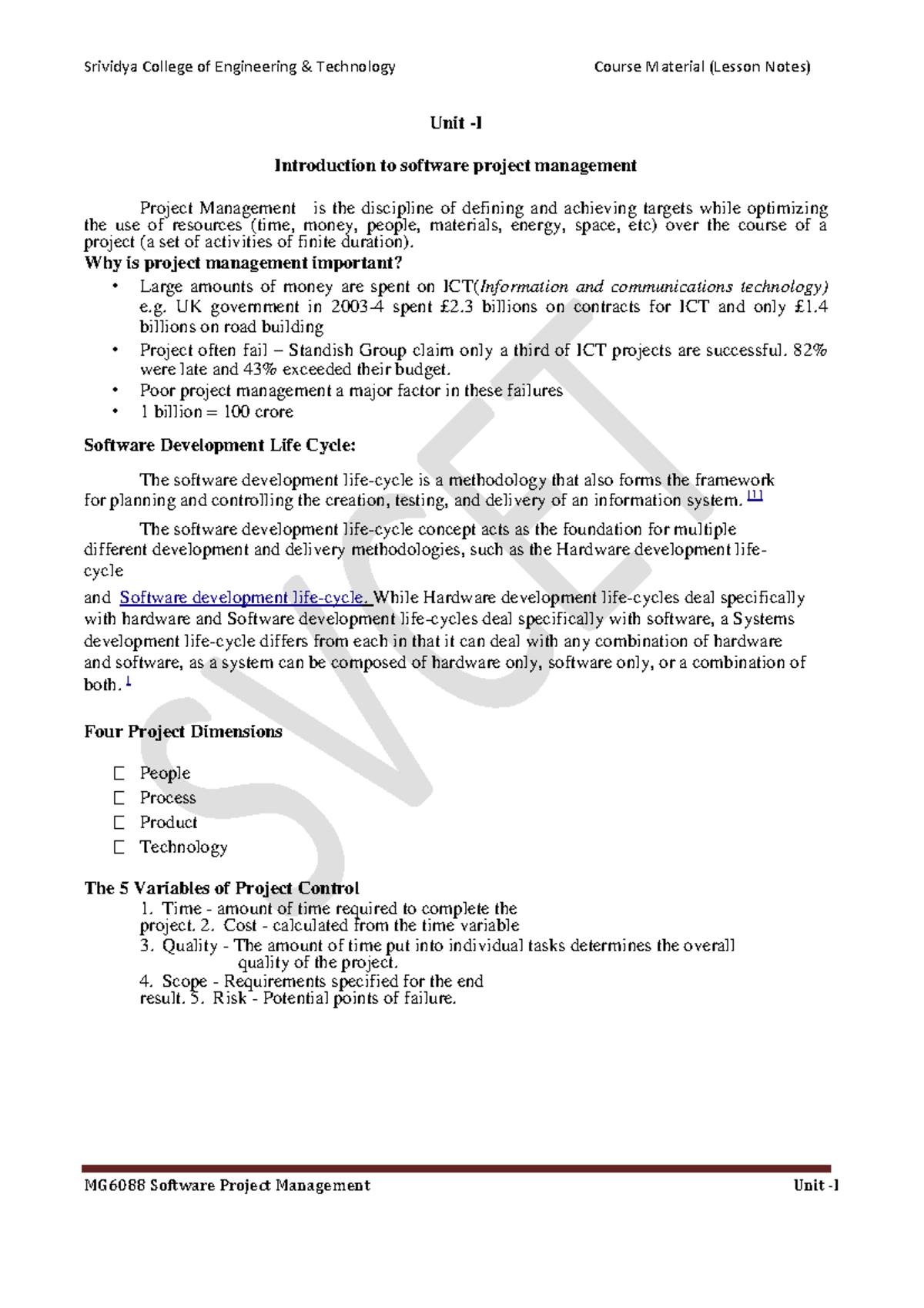 MG6088 Software Project Management Unit 1 - Lecture Notes on Project ...