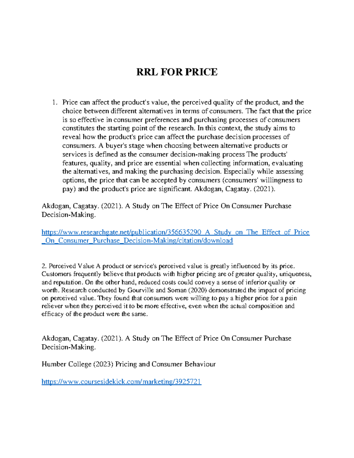 Price RRL Summary: Impact on Consumer Behavior - MKTG 101 - Studocu