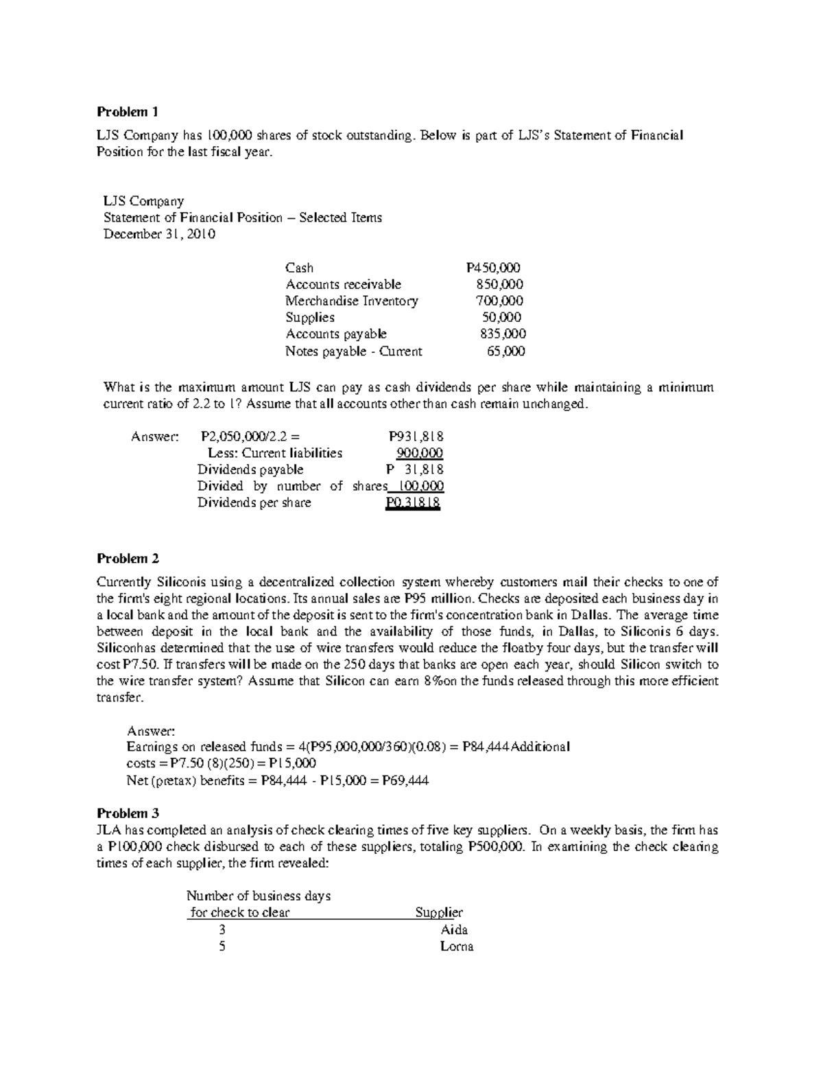 FIN-081 P2-Seatwork-2answer - Problem 1 LJS Company has 100,000 shares of stock outstanding ...