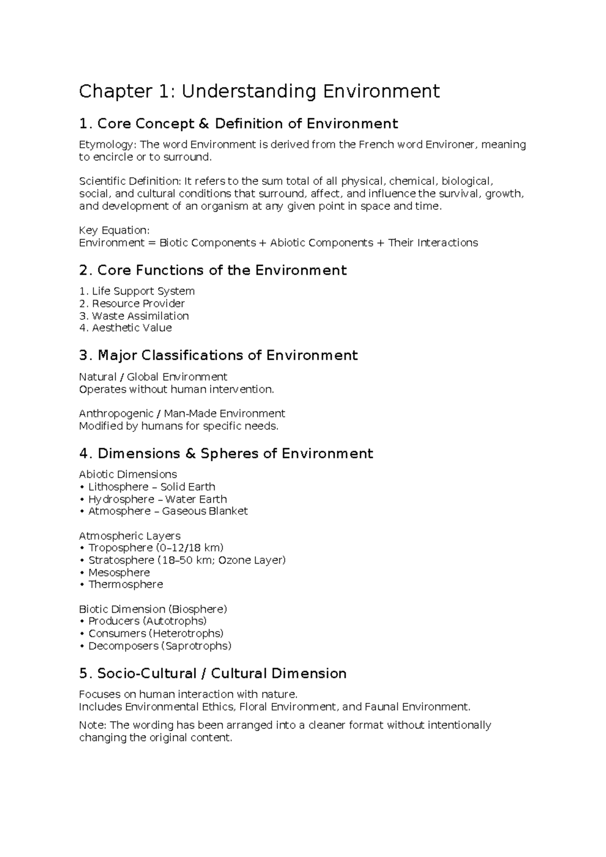 EVS 101: Chapter 1 - Understanding the Environment Notes - Studocu