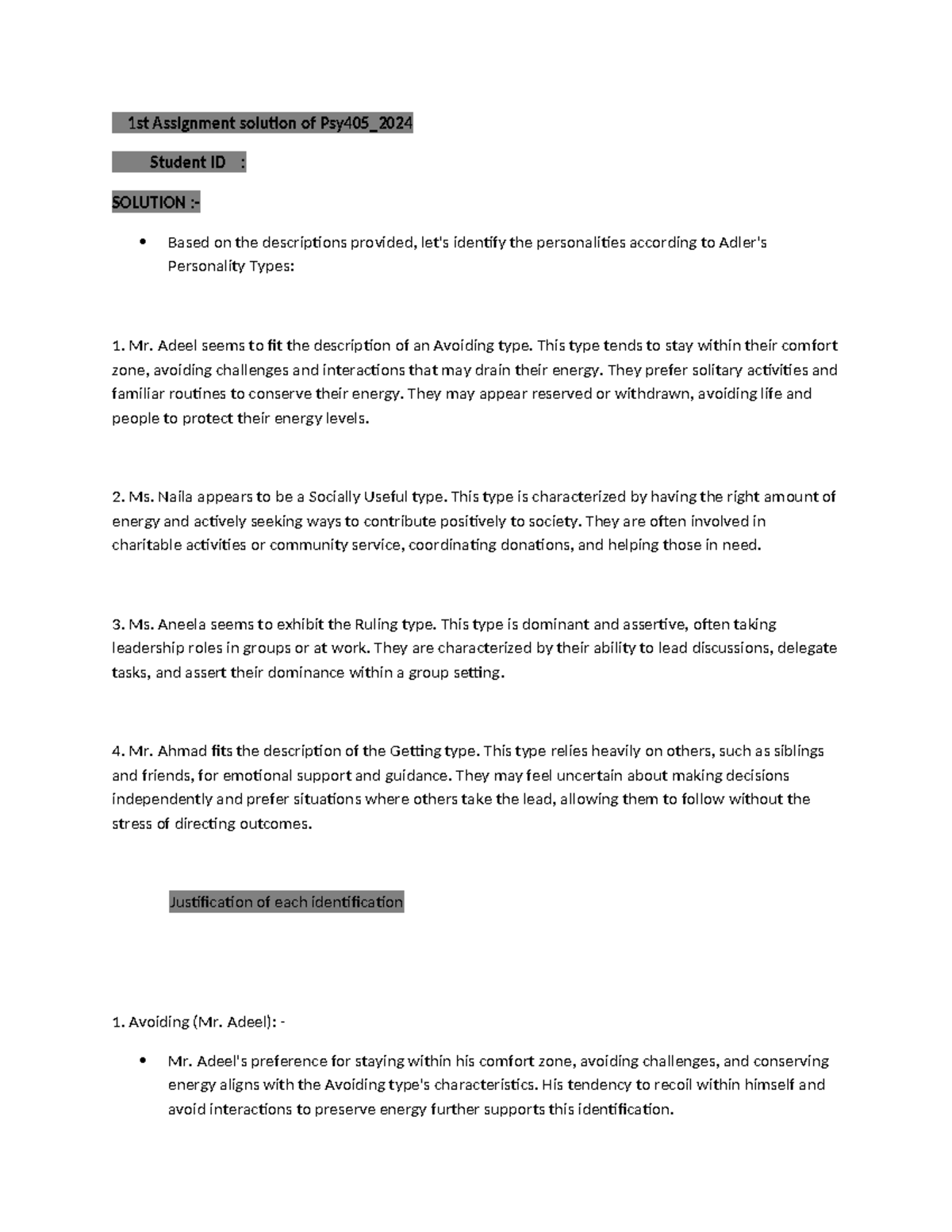 1st Assignment-solu of psy405-2024 - 1st Assignment solution of Psy405_ Student ID : SOLUTION ...