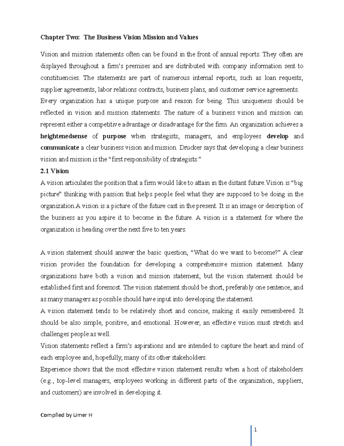 Ch 2 Vision Mission and Values to students - Chapter Two: The Business ...