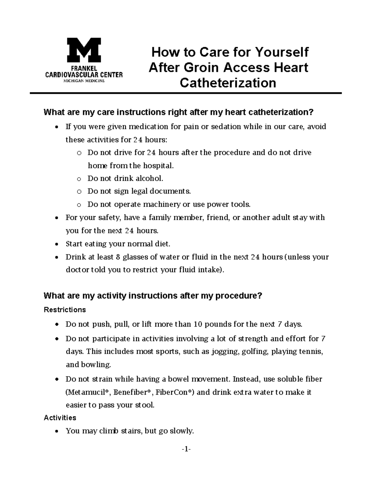Self-Care Guide After Groin Access Heart Cath Procedure - Studocu