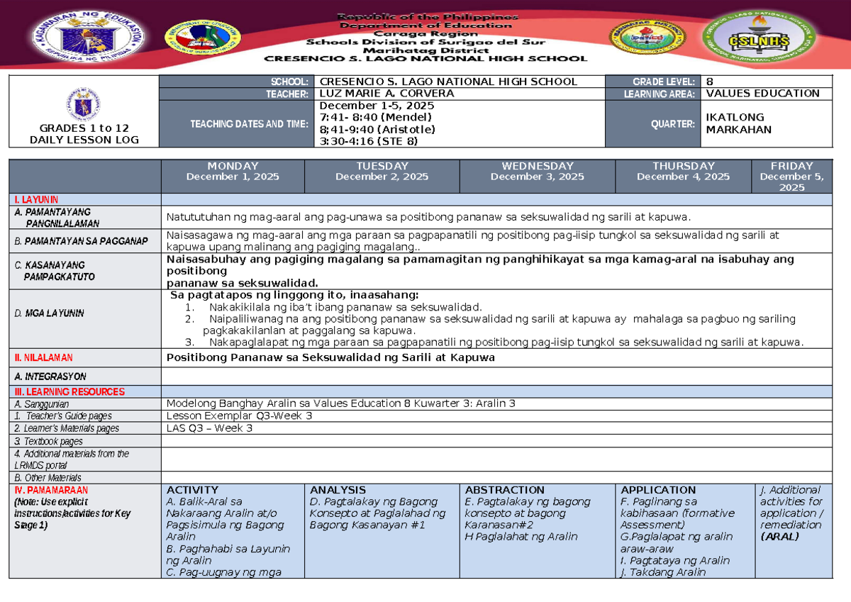 W3-VE8 - Daily Lesson Log for Values Education 8, Week 3 - Studocu