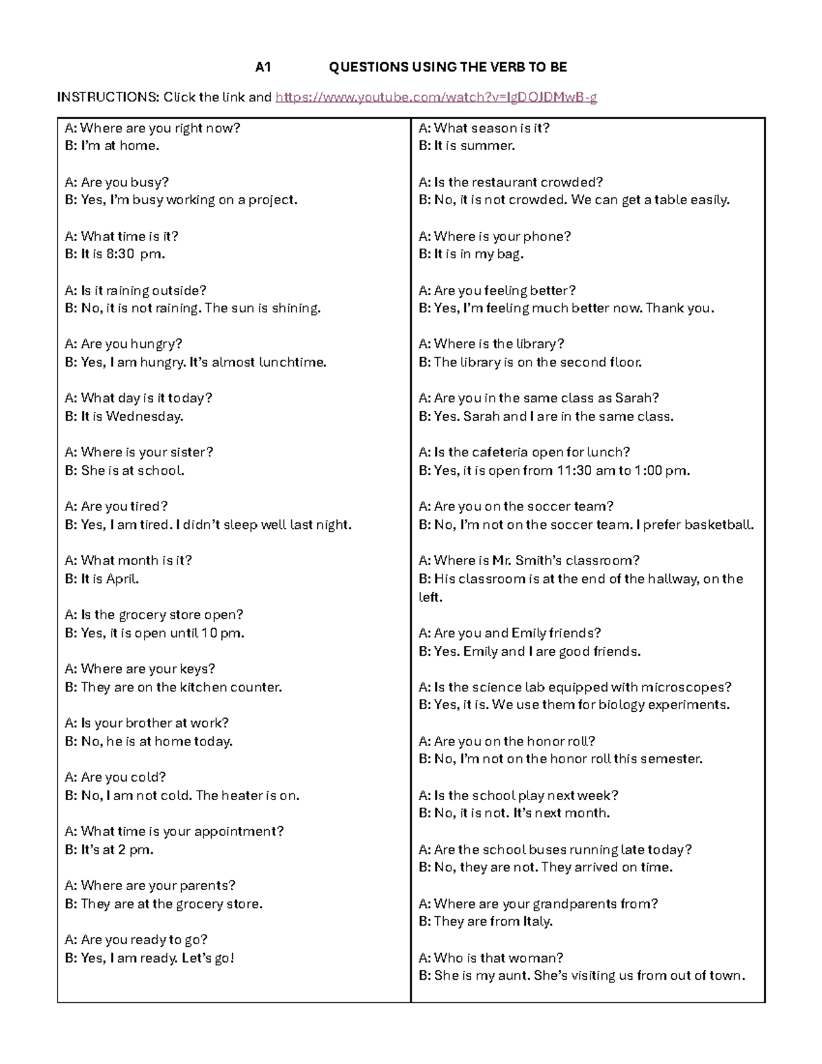 A1 Questions Using the Verb "To Be" - Practice Exercises - Studocu