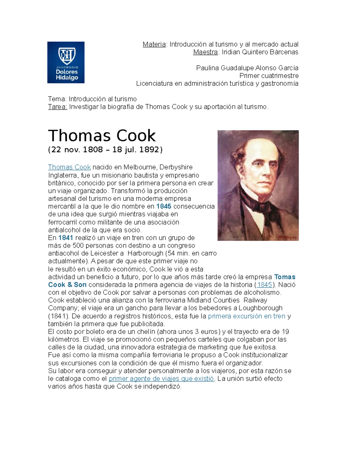 La biografía de Thomas Cook y su impacto en el turismo - Studocu