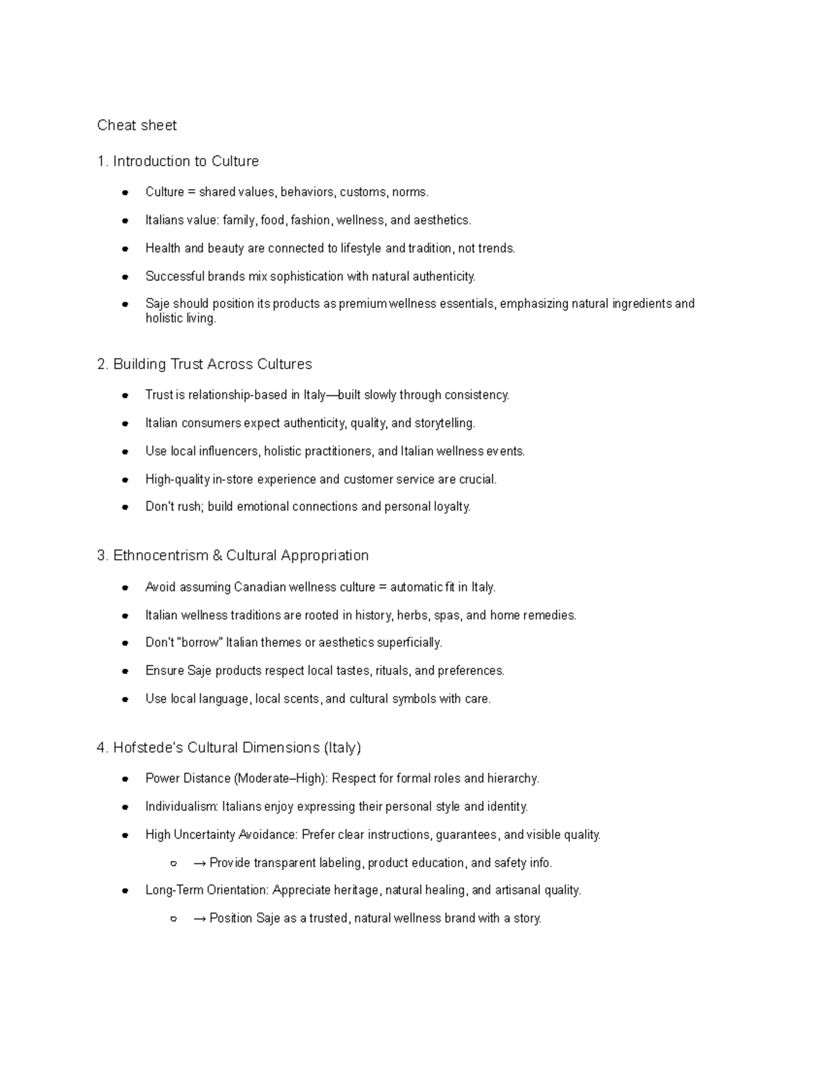 Cheat Sheet: Business Test Insights on Italian Culture & Wellness - Studocu