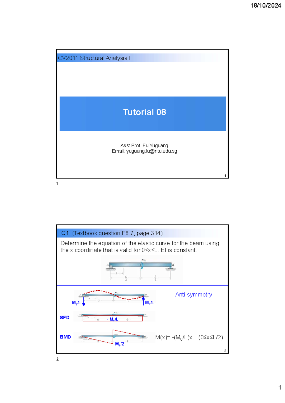 CV2011 Structural Analysis I Tutorial 08 Solutions by Prof. Fu Yuguang ...