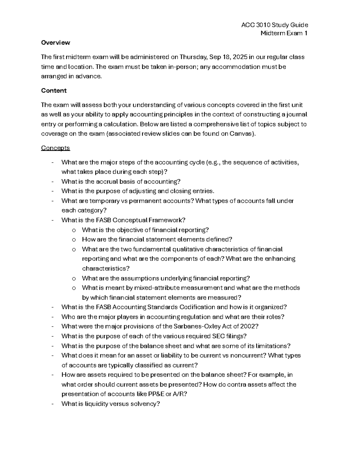 ACC 3010 Midterm Exam 1 Study Guide: Key Concepts & Skills - Studocu