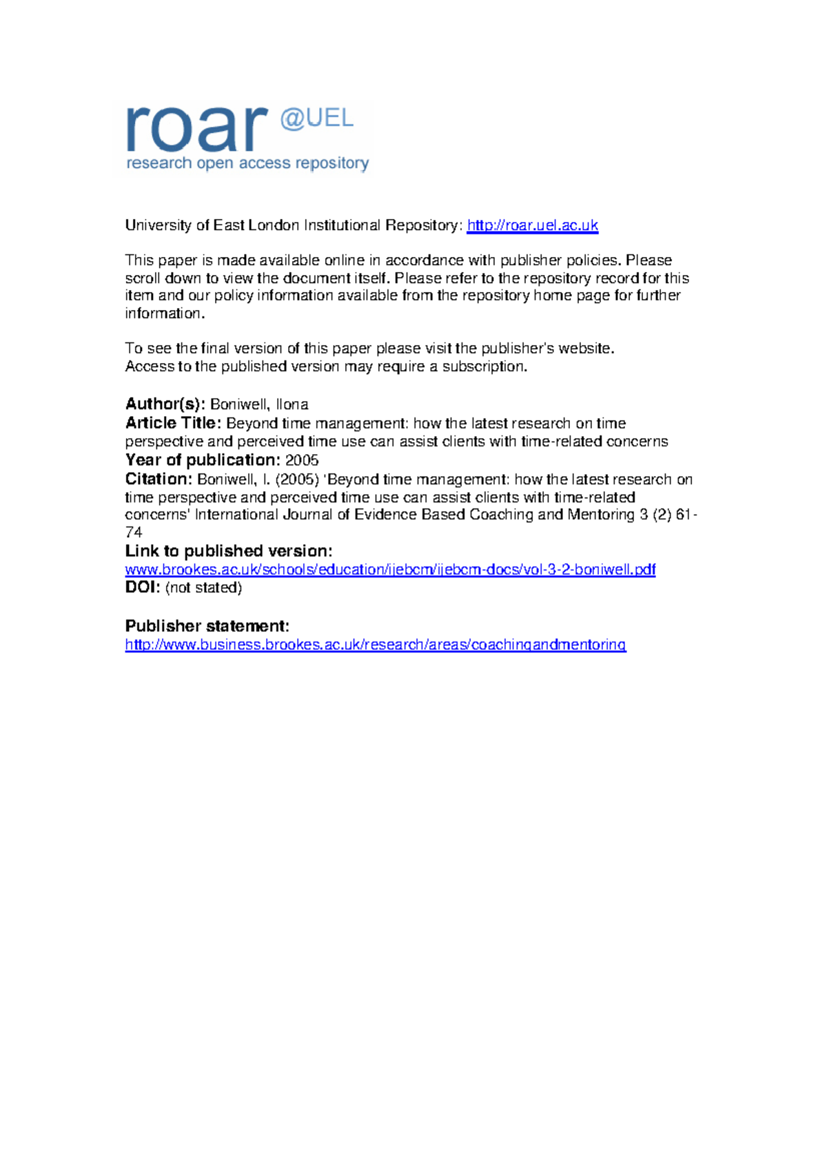 Boniwell I. (2005) Time Management & Time Perspective in Coaching - Studocu