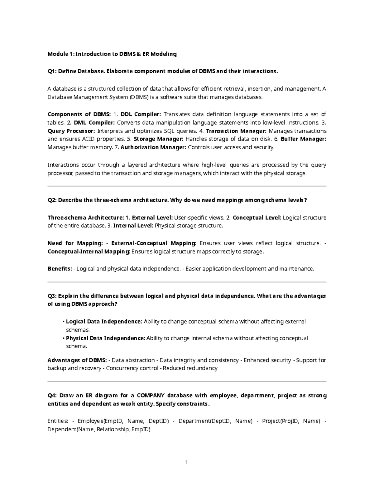 Module 1: DBMS ER Modeling & Key Concepts - BCS403 10 Marks - Studocu