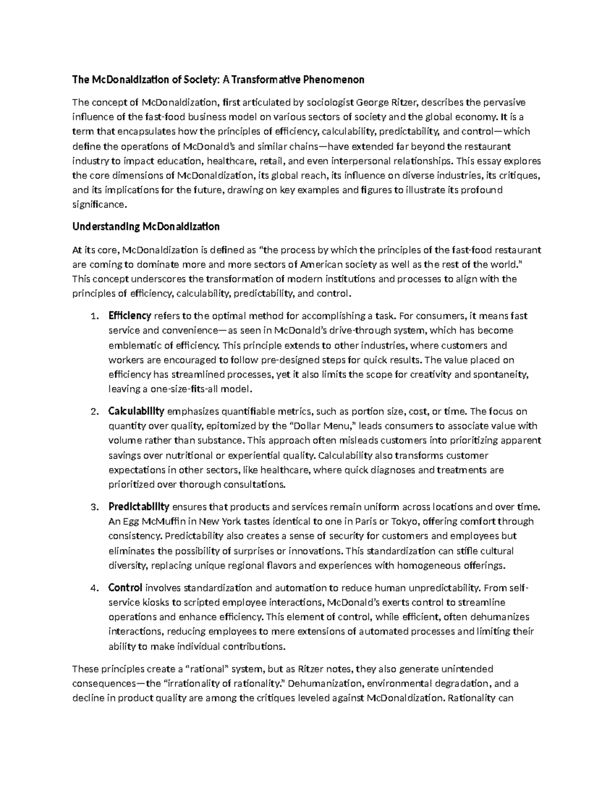 DSC 01: McDonaldization of Society - A Comprehensive Summary - Studocu