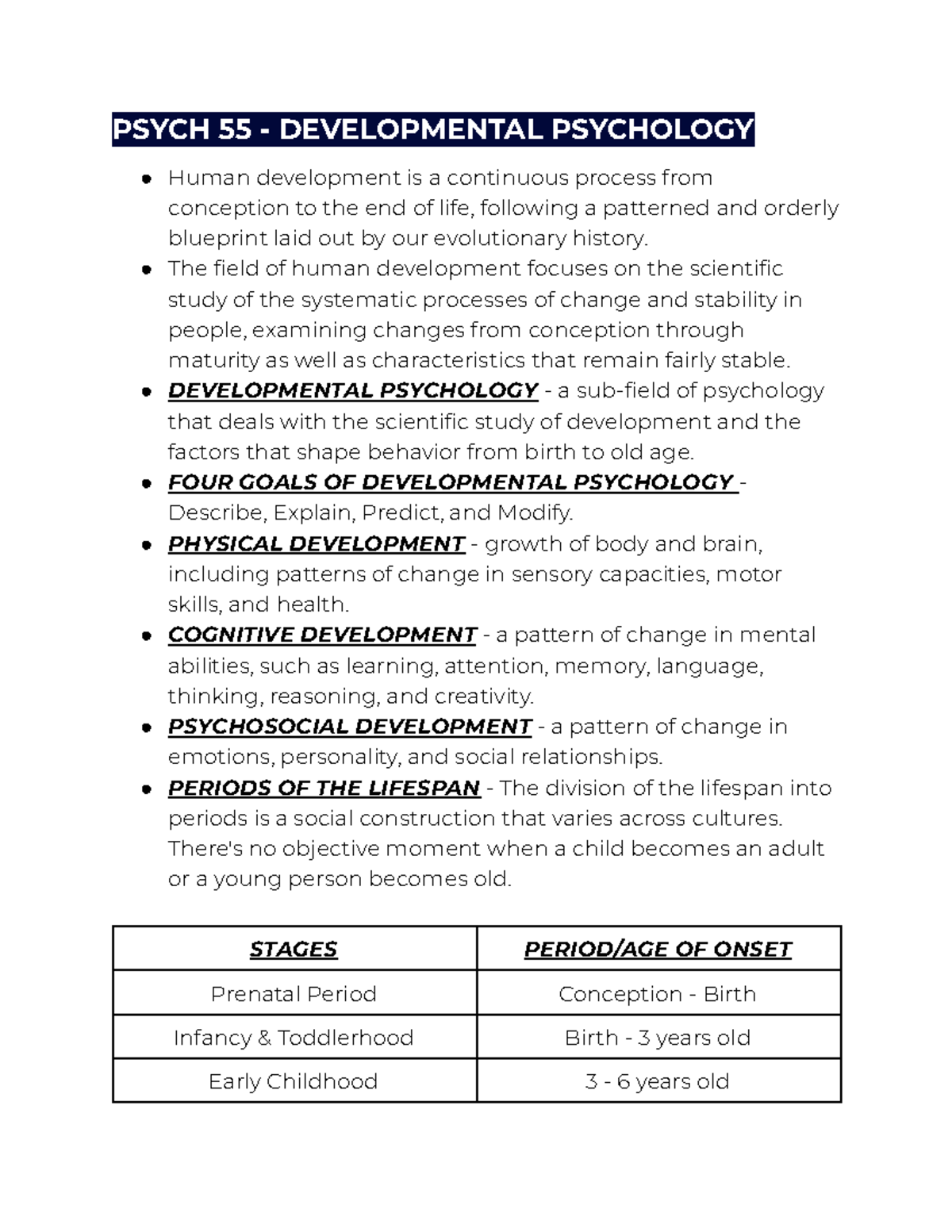 PSYCH 55 DEVELOPMENTAL PSYCHOLOGY Study Guide: Key Concepts & Stages ...