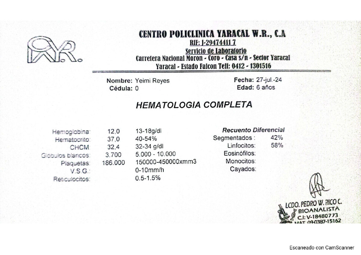Hematología Completa y Resultados de Dengue para Yeimi Reyes - Studocu