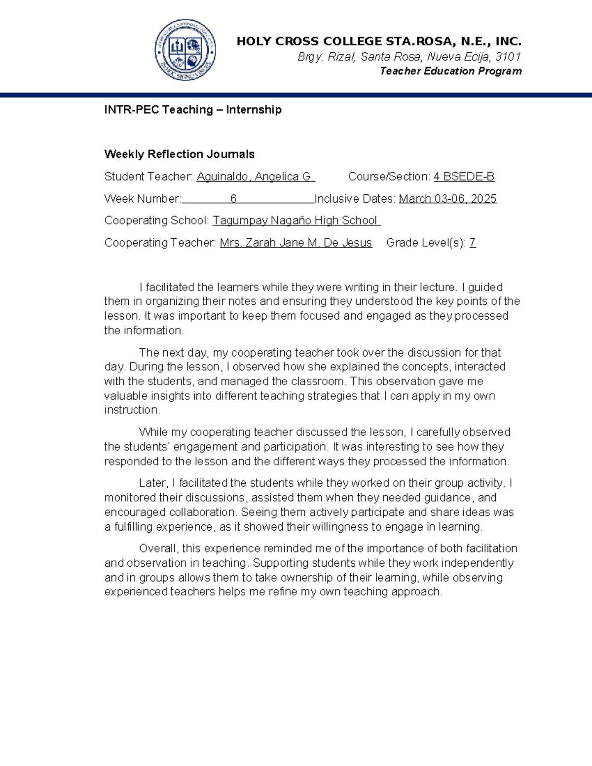 WEEK 6 Reflection Journal - Teacher Ed Program Internship - Studocu