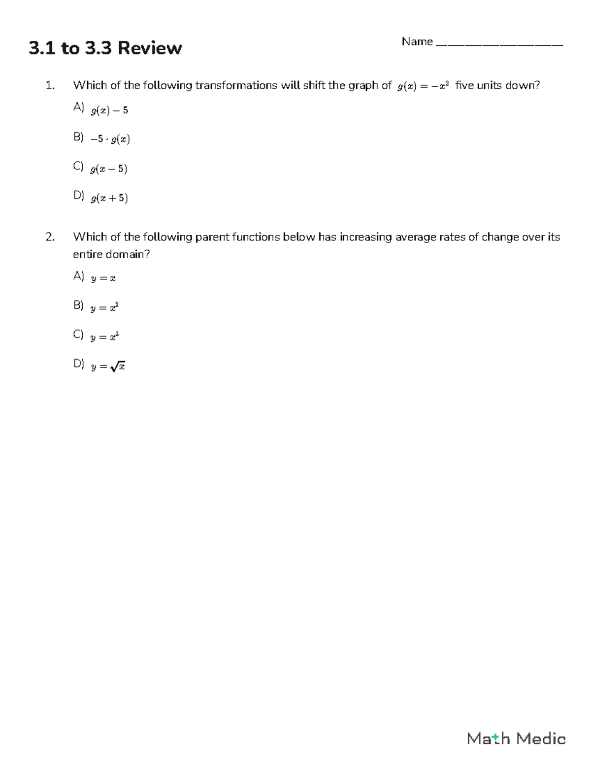 Math 101: Transformations and Pricing Strategies Review (Ch. 3.1-3.3 ...