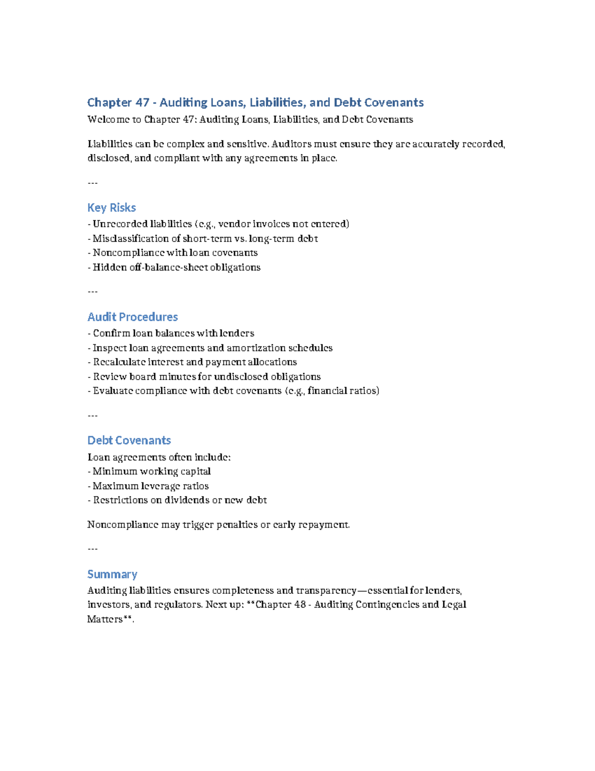 Chapter 47: Auditing Loans, Liabilities & Debt Covenants - Studocu