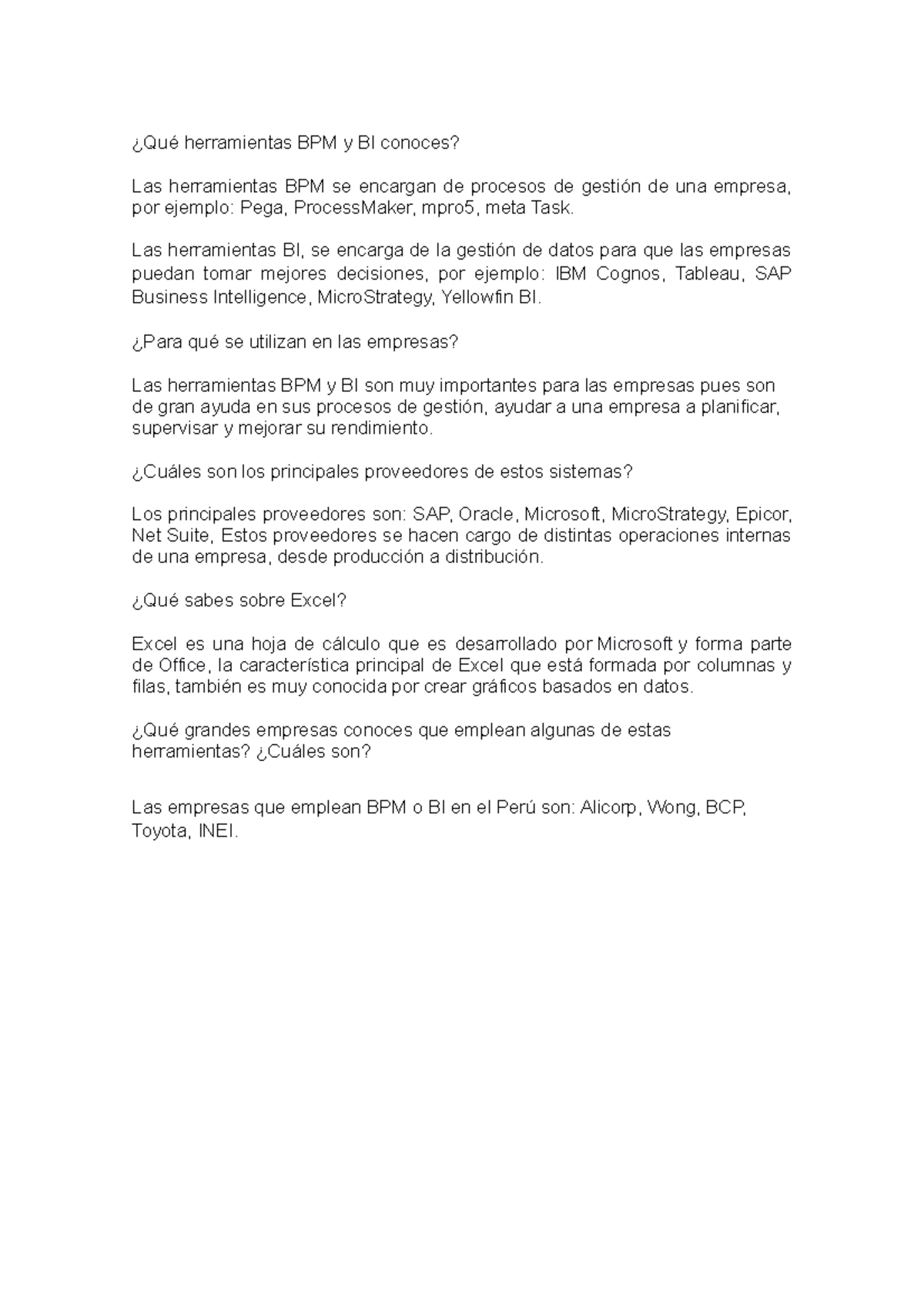Herramientas BPM y BI: Uso y Proveedores en Empresas 1 - Studocu