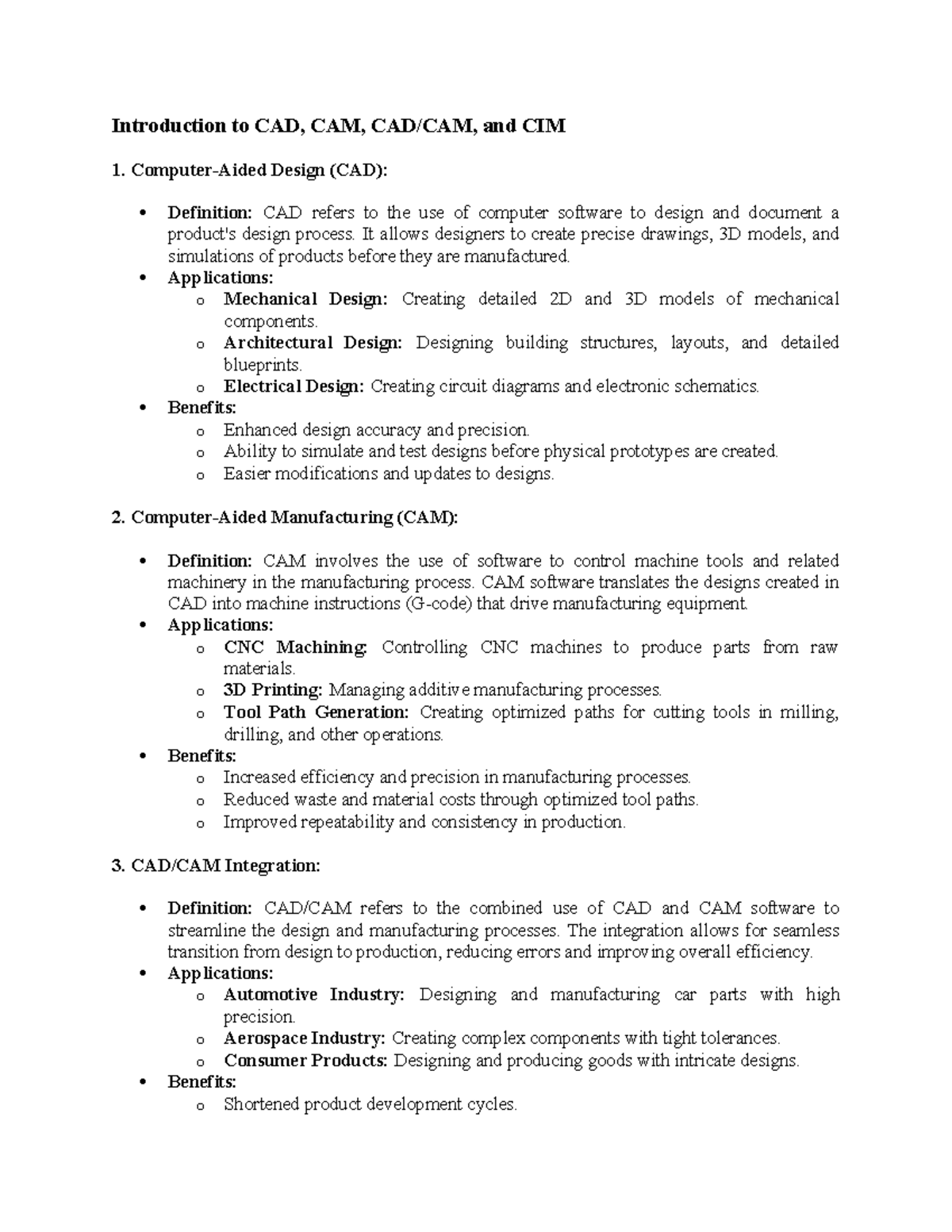 CIM 101: Comprehensive Notes on CAD, CAM, and CIM Concepts - Studocu