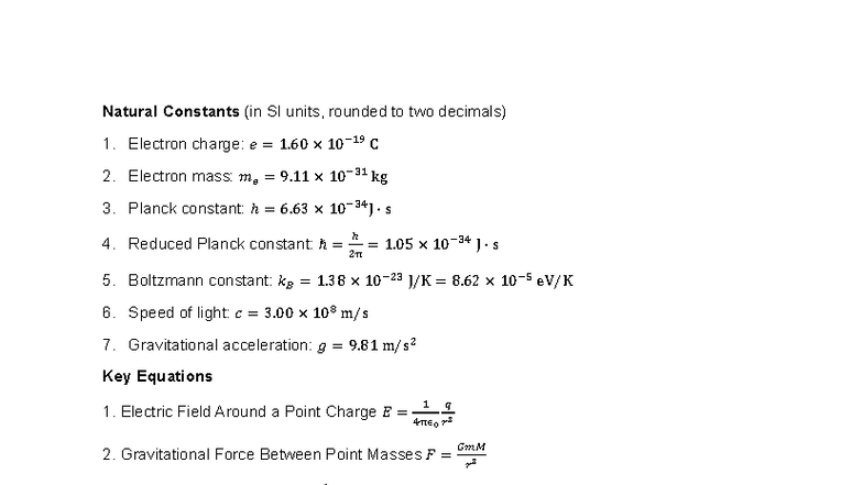 Natural Constants and Key Equations for Physics (PHYS 2024-2025 ...