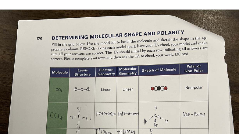 170 CHEM 4713 Experiment 7: Molecular Shape & Polarity Modeling - Studocu