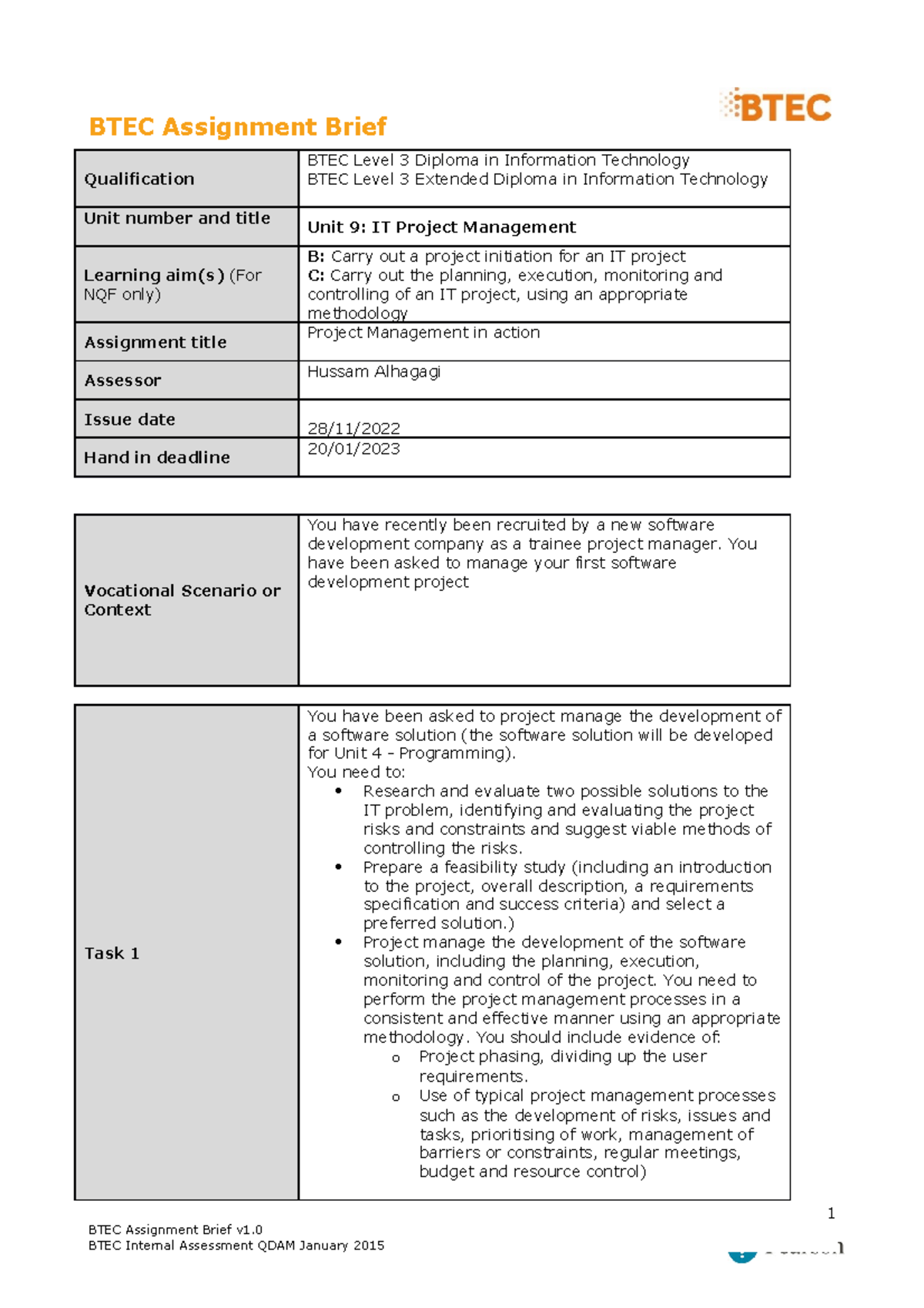 Unit 9 Assignment Brief For Learning Aim B And C It Project Management Btec Assignment Brief