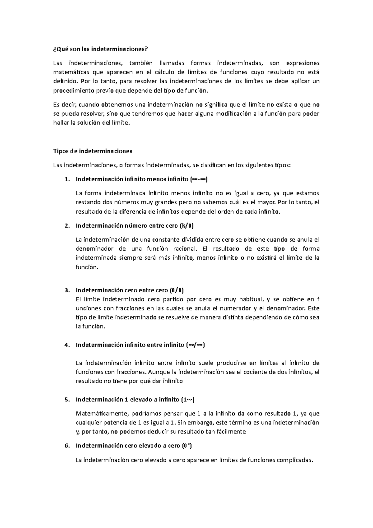 Tipos de indeterminaciones en límites: Explicación y ejemplos - Studocu