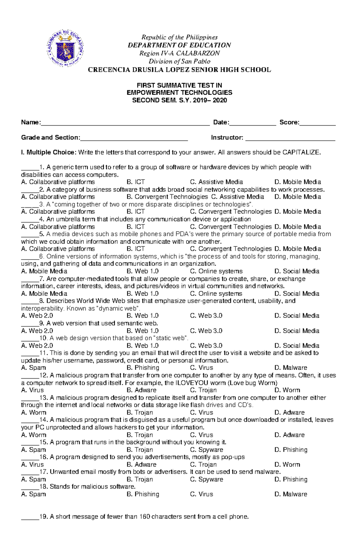 EMPOWERMENT TECHNOLOGY SUMMATIVE TEST - Bs Psychology - Studocu