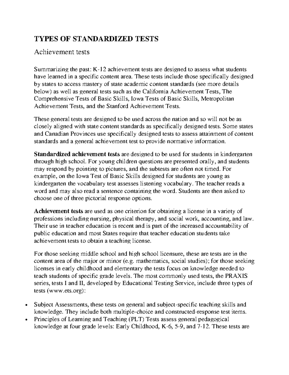 Types OF Standardized Tests - TYPES OF STANDARDIZED TESTS Achievement ...