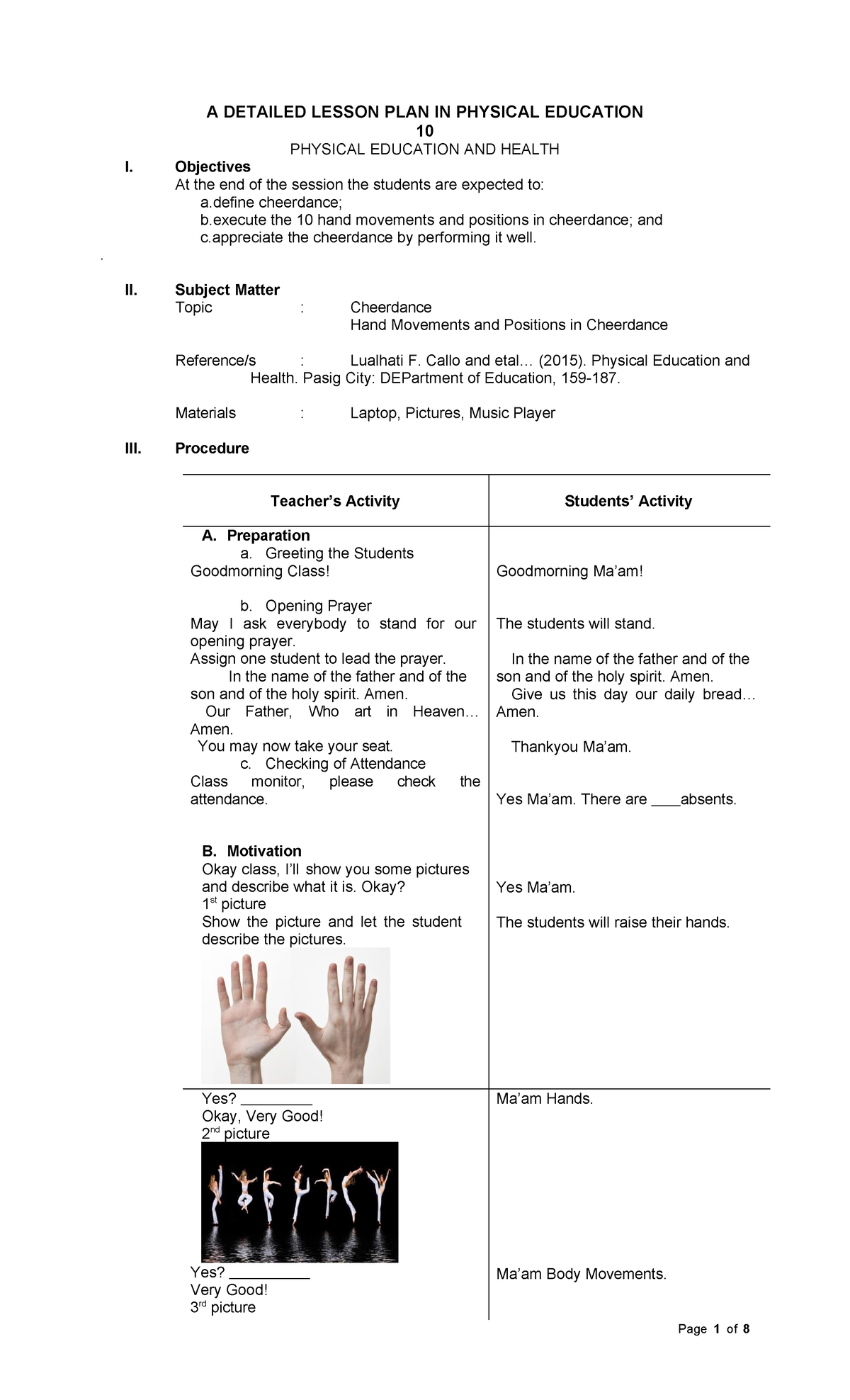 Cheerdance Lesson Plan & Hand Movements Overview (PE 10) - Studocu