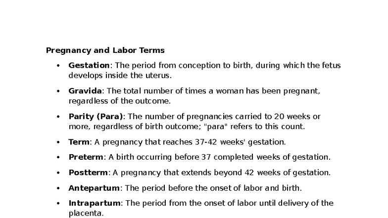 Pregnancy and Labor Terms: Key Definitions and Concepts - Studocu