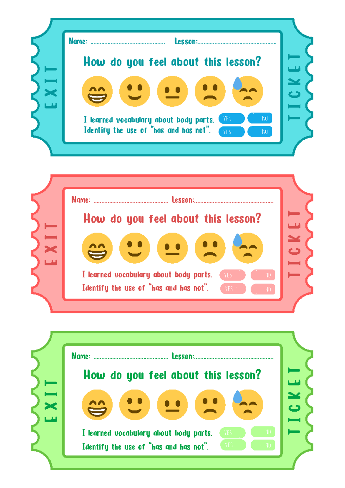 Tickets - SELF-EVALUATION - I learned vocabulary about body parts ...