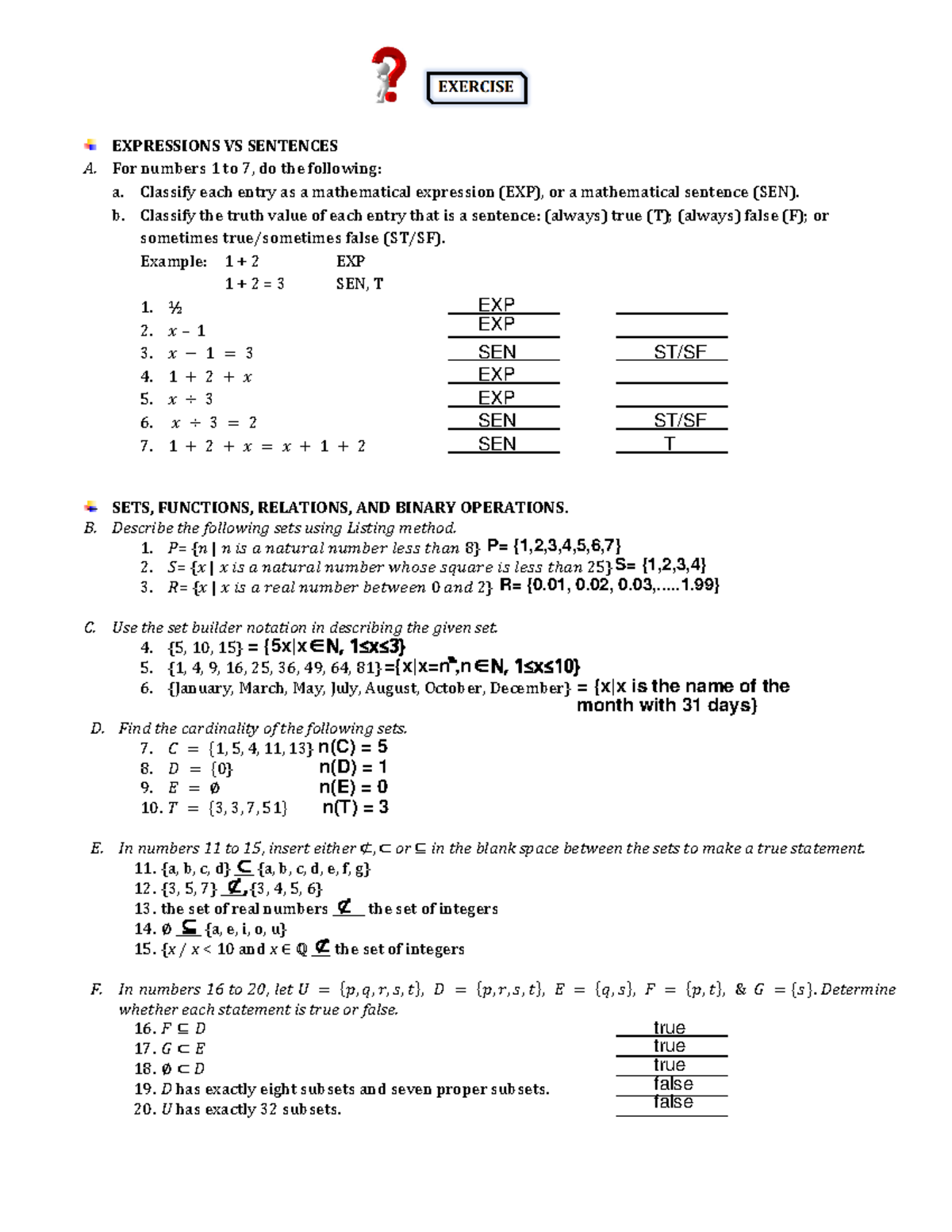 MMW - Mathematics Expressions and Logic Exercises - Studocu