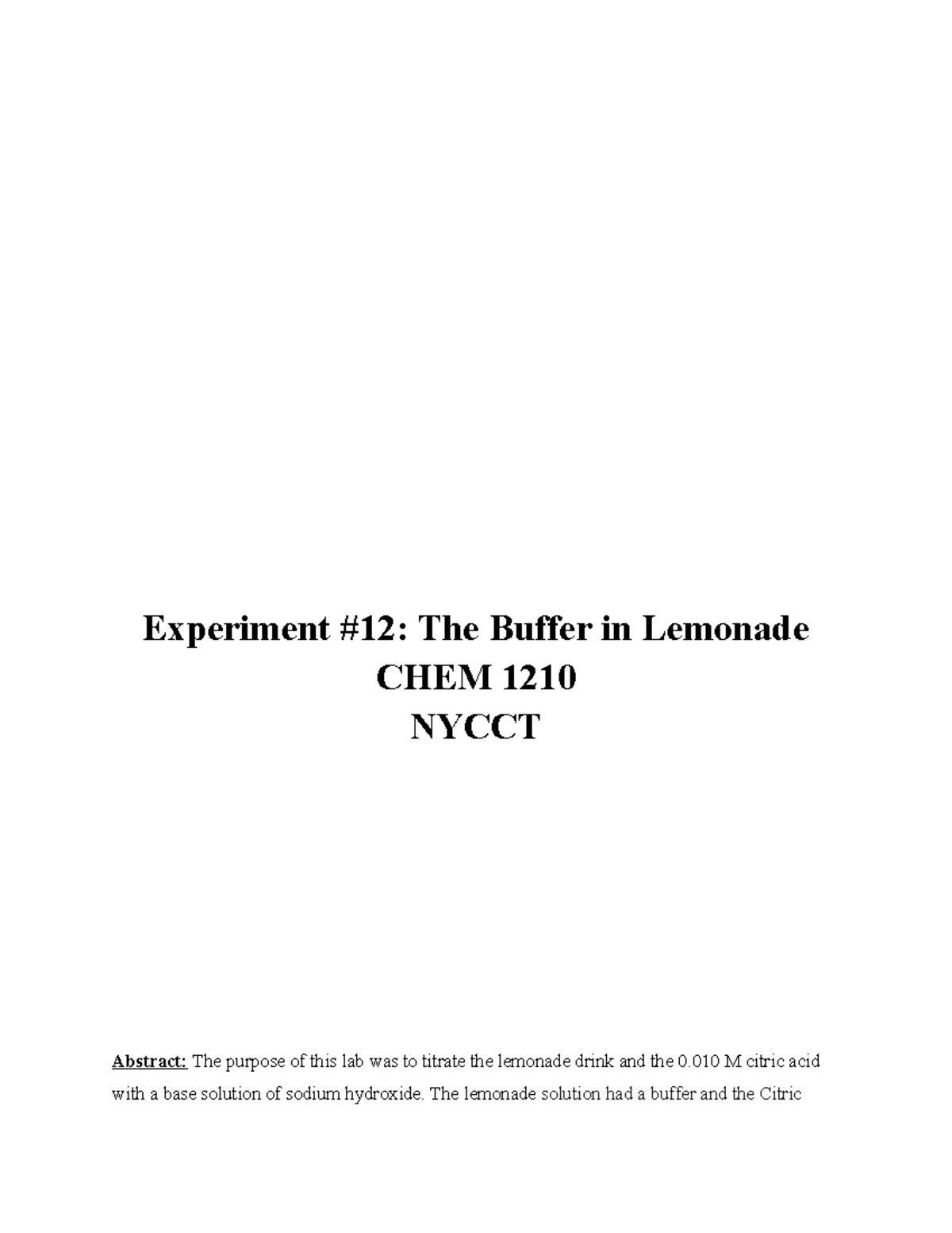 Acid Base Titration - Chemistry 1210 Lab report containing an abstract ...