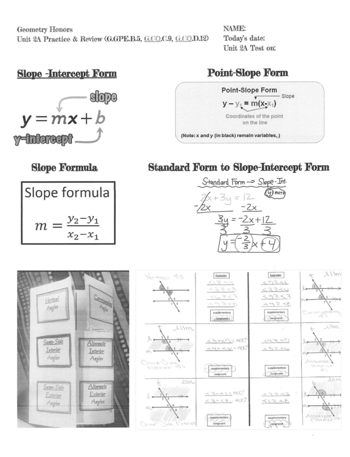 Geometry Honors Unit 2A Practice Review (G.GPE.B.5, G.CO.C.9, G.CO.D.12 ...