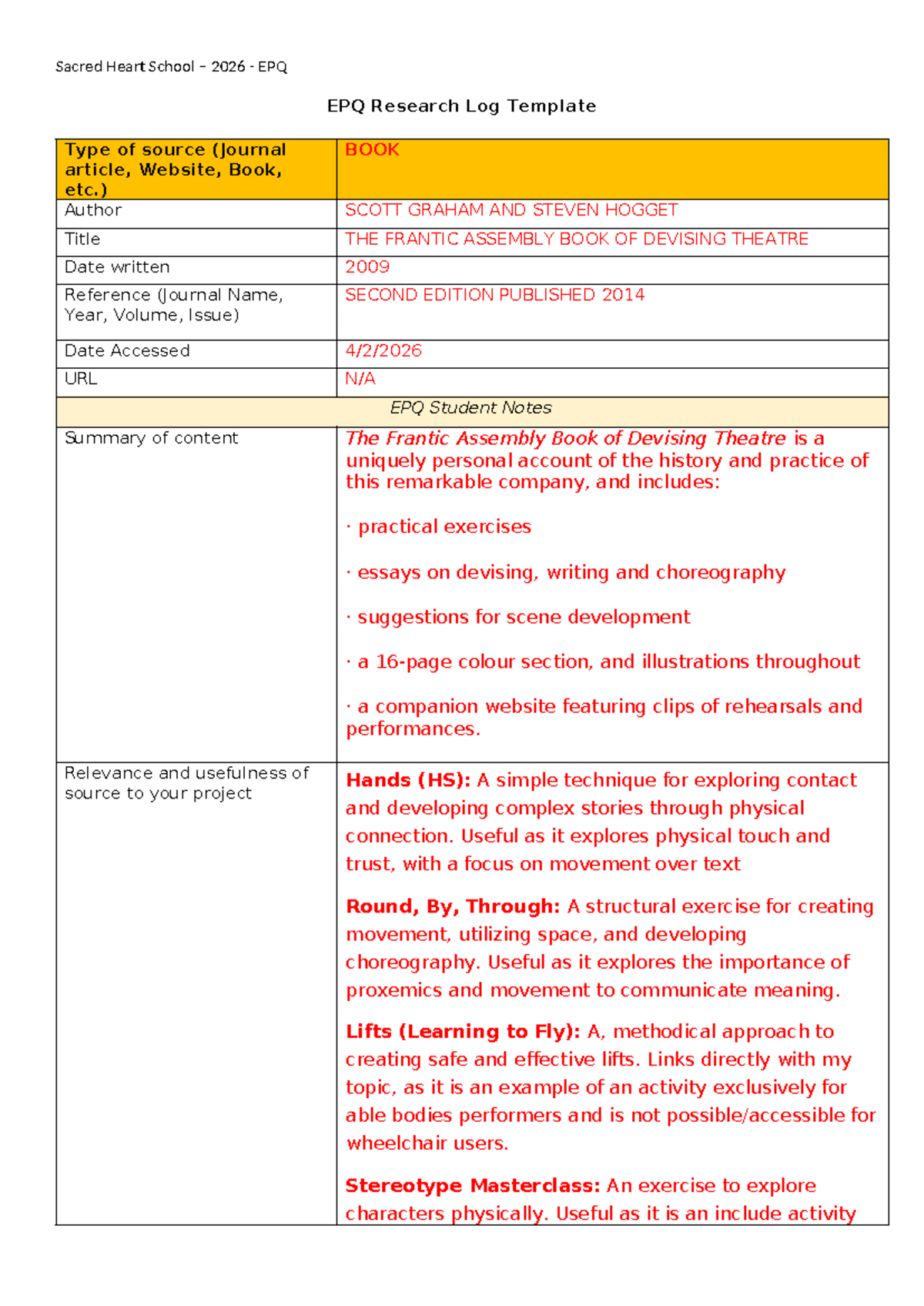 Sacred Heart School 2026 EPQ Research Log Template - Studocu