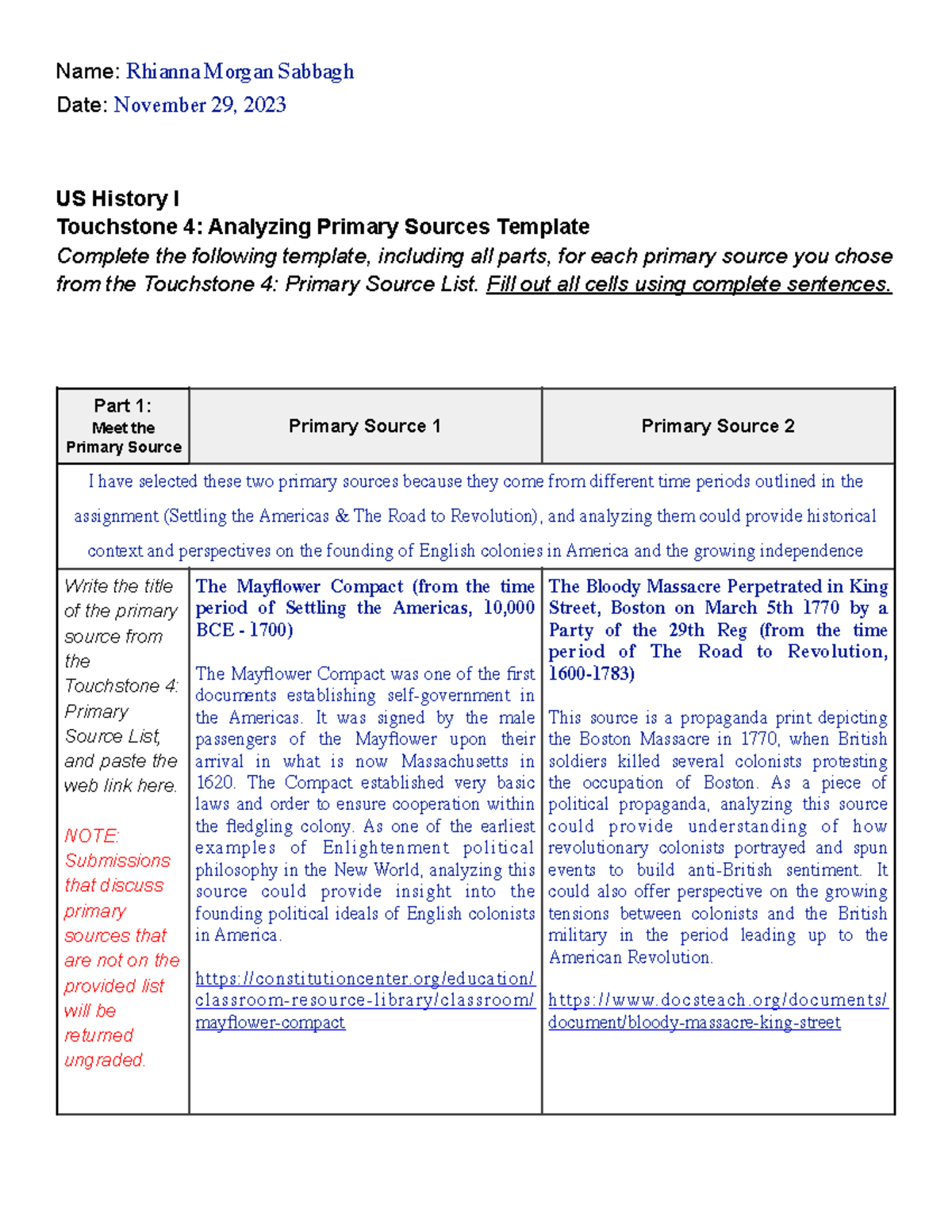 US History I Touchstone 4: Analyzing Historical Primary Sources - Studocu